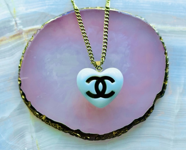 White Heart CC Button Necklaces - Designer Button Jewelry